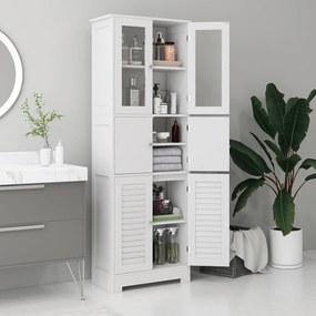 HOMCOM Sloupcový pomocný nábytek do koupelny s 6 dveřmi, nastavitelnými policemi a protiskluzovým designem moderní koupelnová skříň 60x30x170,5 cm bí…