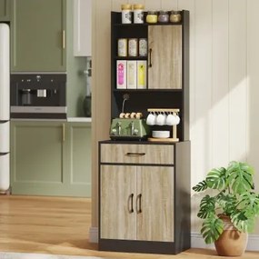 HOMCOM Kuchyňská skříňka s pracovní plochou a otvorem pro kabel, moderní kuchyňská komoda se zásuvkou, 3 otevřené regály, přírodní dřevo, černá