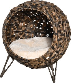 Kočka dům PawHut z ratanového materiálu s polštářem, kočičí doupě s vyvýšenými nohami hnědá Ø52 x 58 cm | Aosom