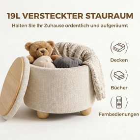 HOMCOM Stolička s úložným prostorem, kulatá sedací stolička s víkem, vzhled lnu pro obývací pokoj, ložnici, 38,5x38,5x33,5 cm Béžová