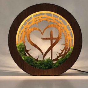 Dřevěná LED lampa Srdce s křížem a mechem | Stmívatelná I SENTOP LED0609