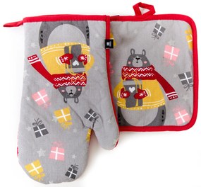 Vánoční kuchyňský set vánoční rukavice/chňapka WINTER JOY medvěd, šedá 18x30 cm/20X20 cm 100% bavlna