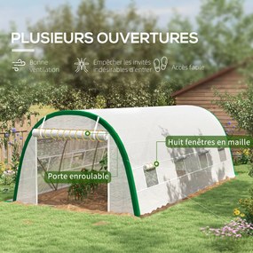 Zahradní tunelová skleník Outsunny 18m² – 6L x 3W x 2H m - 8 oken, zabalovací zipová vrata - Rám z pozinkované oceli, bílý kryt z vysoce hustého PE