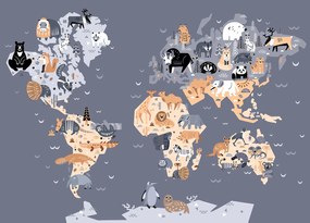 Dětská fototapeta na míru Tmavá Zvířecí Mapa Světa | Vliesová fototapeta na zed' | DFTD5P 352445