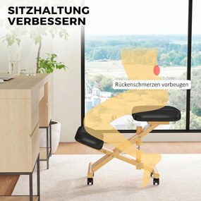 HOMCOM Ergonomická Výškově Nastavitelná Kolenní Židle, Ergonomická Židle do Kanceláře a Domova, Dřevěný Kolenní Stolek na Kolečkách, Černá