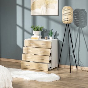 HOMCOM Komoda se 4 šuplíky - Moderní pomocný úložný kabinet do ložnice, chodby nebo obývacího pokoje, 76x35x72 cm, dub a bílá