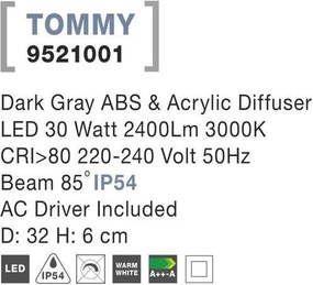 NV 9521001 Venkovní stropní svítidlo TOMMY tmavě šedý ABS a akrylový difuzor LED 25W 3000K 220-240V 85st. IP54 - NOVA LUCE