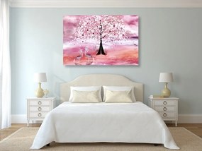 Obraz volavky pod magickým stromem v růžovém provedení - 90x60 cm