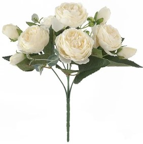 Umělá kytice 5 květů s listy - pivoňka, čajová růže Barva: Bílá