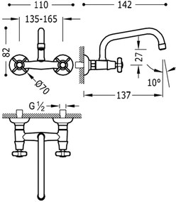 Tres Clasic nástěnná dřezová retro baterie 150mm stará mosaz mat 24221501LM