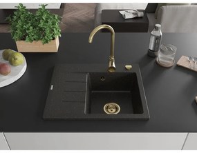 Mexen Ben, 1-komorový granitový dřez 600x500x190 mm, pravý + zlatý sifon, černá-zlatá metalíza, 6523605000-75-G