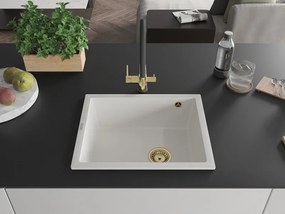 Mexen Pedro granitový dřez 1-komorový 560 x 460 mm, bílý, zlatý sifon - 6508561000-20-G