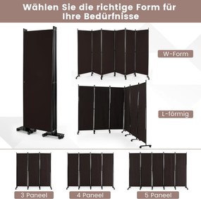 Costway Šestidílný skládací paraván na kolečkách 172 cm, hnědý