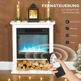 HOMCOM Elektrický krb, realistické plameny se 9 barvami, nastavitelná jasnost, 1800W, dálkové ovládání, časovač, bílá