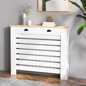 HOMCOM Kryt radiátoru, Stěna radiátoru, Horizontální lamelový rošt, se 2 zásuvkami, pro obývací pokoj, ložnici, chodbu, dřevo, 111 x 19 x 95,5 cm, Bí…
