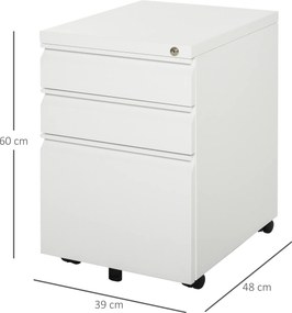 Mobilní kancelářská skříň Vinsetto na podstavci se 3 zásuvkami a kolečky, kompaktní ocelová s konkávní rukojetí, bílá 39x48x60cm | Aosom.de