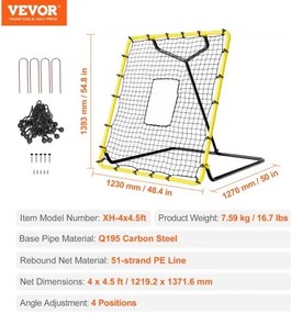 Baseballová a softballová odrazová síť 1,22 × 1,37 m PitchBack Nastavitelné úhly