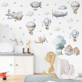 Gario Dětská nálepka na zeď Boys world - letadla, balóny, vzducholoď a domy