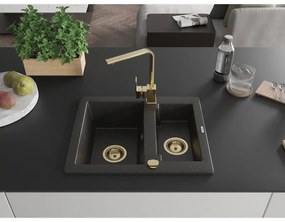 Mexen Carlos, 1,5-komorový granitový dřez s odkapávačem 582x475x177 mm a zlatá kuchyňská baterie Rita, černá - zlatá metalíza, 6518-75-670300-50