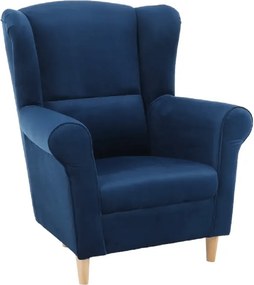 relaxační křeslo, ušák, dřevo/látka, nohy světlé/potah modrý, Tempo Kondela CHARLOT