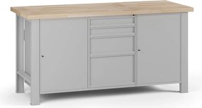 Dílenský pracovní stůl G7, buková spárovka, 1700 x 685 x 840 mm, 2x skříňka, 4 zásuvky, šedá