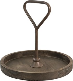 Hnědý antik dřevěný podnos s držadlem - Ø 35*33 cm