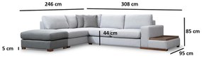 Rohová sedačka s taburetkou a stolkem Bellona 308 cm světle šedá - levá