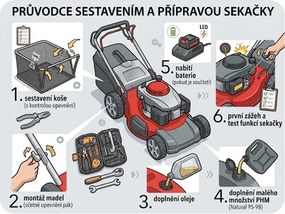 Sestavení a zprovoznění zahradní benzínové sekačky, včetně oleje