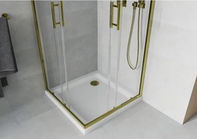 Mexen Rio, čtvercový sprchový kout s posuvnými dveřmi 90 (dveře) x 90 (dveře) x 190 cm, 5mm čiré sklo, zlatý profil + bílá sprchová vanička SLIM, 860-090-090-50-00-4010G