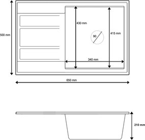 Gamma Modern 6550, 1-komorový granitový dřez 650x500x210 mm s krátkým odkapávačem, šedá, GMA-ZLE000092