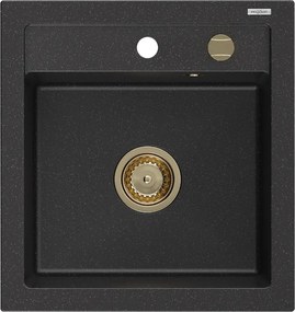 Mexen Vito, granitový dřez 520x490x210 mm, 1-komorový, černá-stříbrná metalíza se zlatým sifonem, 6503521000-73-G