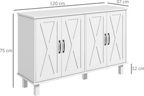 HOMCOM nízký úložný kabinet v country stylu, kuchyňský bufet se 2 dvoukřídlovými skříňkami a nastavitelnými policemi 120 x 37 x 75 cm - Bílý | Aosom