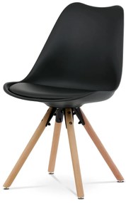 AUTRONIC Jídelní židle, černá plastová skořepina, sedák ekokůže, nohy masiv přírodní buk