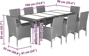 9dílný zahradní jídelní set podušky světle šedý polyratan sklo 3278578