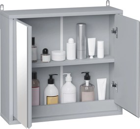 HOMCOM Koupelnová skříňka se zrcadlem, 2 dveře a nastavitelná polička, závěsný koupelnový nábytek pro moderní toaletu 48x14.5x45 cm Šedá | Aosom