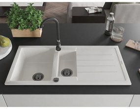 Mexen Andres, granitový dřez 1000x500x200 mm, 1,5-komorový, bílá s černým sifonem, 6515101510-20-B