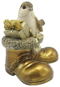 Zlatá antik vánoční dekorace ptáček s dárkem – 10x7x9 cm