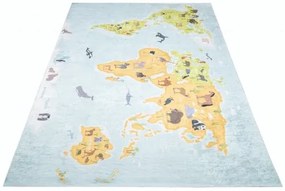 Dětský kusový koberec vhodný k praní BAMBINO 2763 Mapa světa protiskluzový modrý Rozměr: 140x200 cm