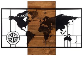 Wallexpert Dekorativní nástěnný dřevěný doplněk World Map Wıth Compass, Černá, Ořech