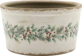 Béžový keramický květináč s cesmínou Holly Christmas Antique – Ø 16,5*9,5 cm