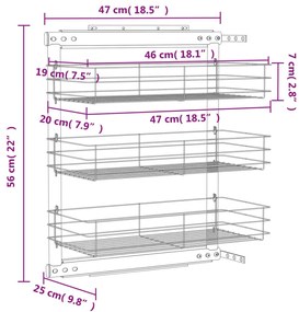 vidaXL Marketos 3patrový výsuvný kuchyňský drátěný koš stříbrný 47 x 25 x 56 cm