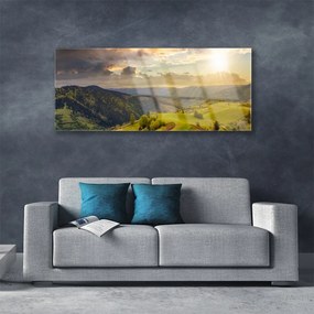 Plexisklo-obraz Hory Louka Západ Slunce 125x50 cm