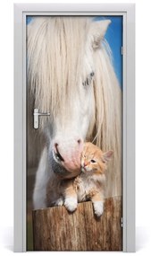 Samolepící fototapeta na dveře Bílý kůň s kočkou 75x205 cm