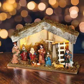 SOLIGHT LED dřevěný betlém podsvícený, 26 x 17cm, 6x LED, 2x AA