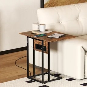 HOMCOM Skládací příruční stolek, nabíjecí stanice s USB porty, kov, 39 x 29 x 57 cm, hnědá