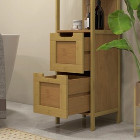 Kleankin Elegantní koupelnová sloupová skříňka 30L x 30W x 144H cm se 3 policemi a 2 zásuvkami z přírodního bambusu
