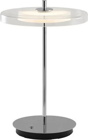 Ocelová LED stolní lampa s USB portem ve stříbrné barvě se skleněným stínidlem (výška 31 cm) Asteria Move – UMAGE