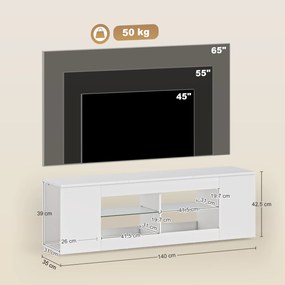 HOMCOM 140 cm TV stojan, televizní komoda, 6 přihrádek, 2 skleněné police, dřevotříska, bílá