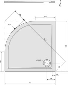 Polysan Sera sprchová vanička čtvrtkruh 90 x 90 x 4 cm litý mramor bílá 41511