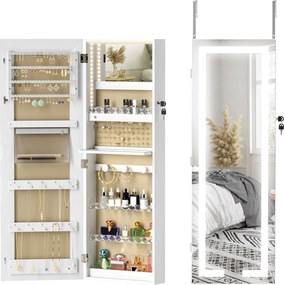 HOMCOM šperkovnice s LED, zamykatelný organizér na stěnu / dveře se zrcadlem, 37 x 10,5 x 108 cm, bílá